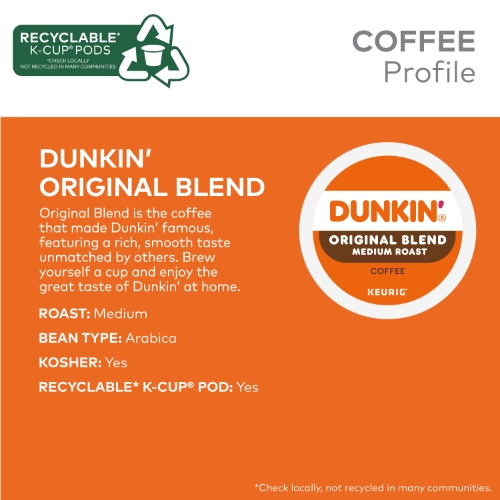 Dunkin' Original Blend K-Cup Pods, Medium Roast, 22/Box - W.B. Mason