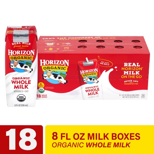 Horizon Organic Whole Milk Boxes, 8 oz, 18/Case - W.B. Mason