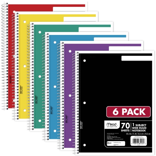Mead Spiral 1 Subject Notebook, Wide Ruled, 8" x 10-1/2", White Paper ...