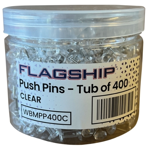 Flagship Push Pins, 0.38", Plastic, Clear, 400/Pack - W.B. Mason