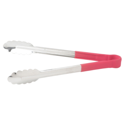 Winco Utility Tongs, 12", Heavyweight, Stainless Steel, Red Handle ...